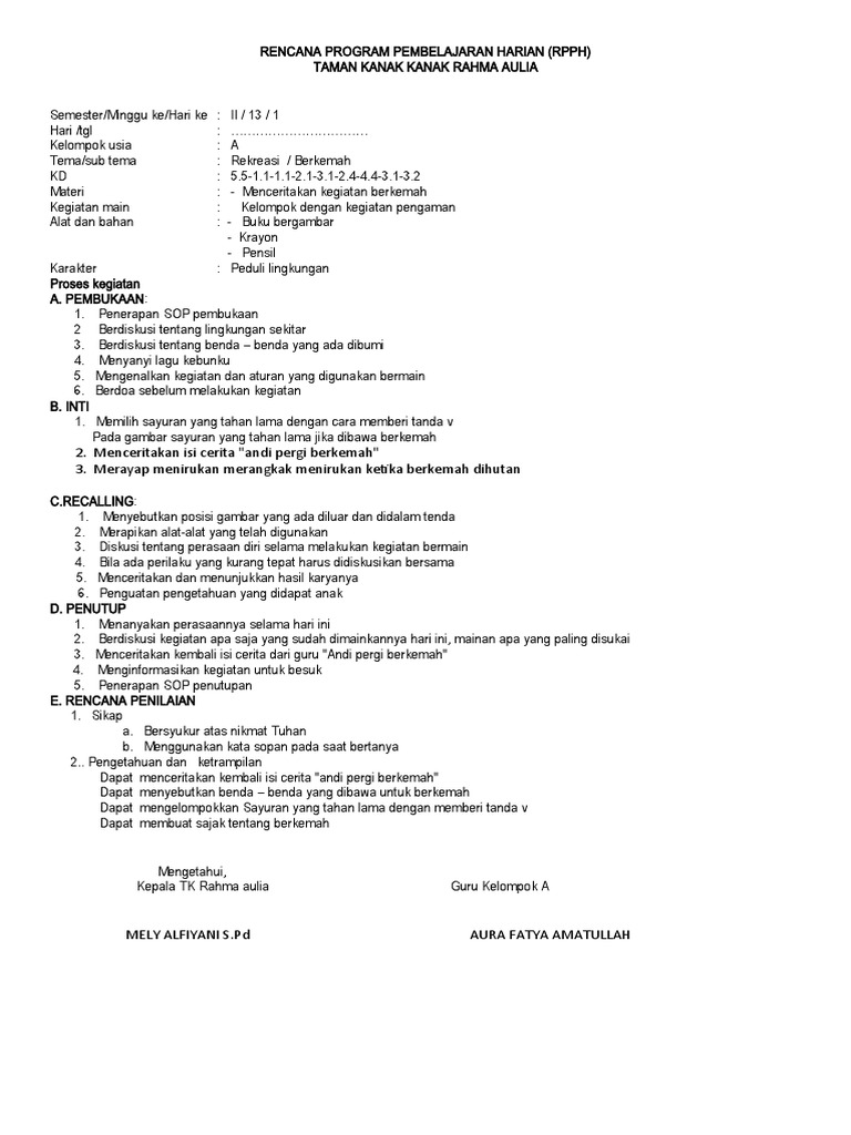 RPPH Tema Alam Semesta Usia 4-5 Tahun Semester Ii | PDF