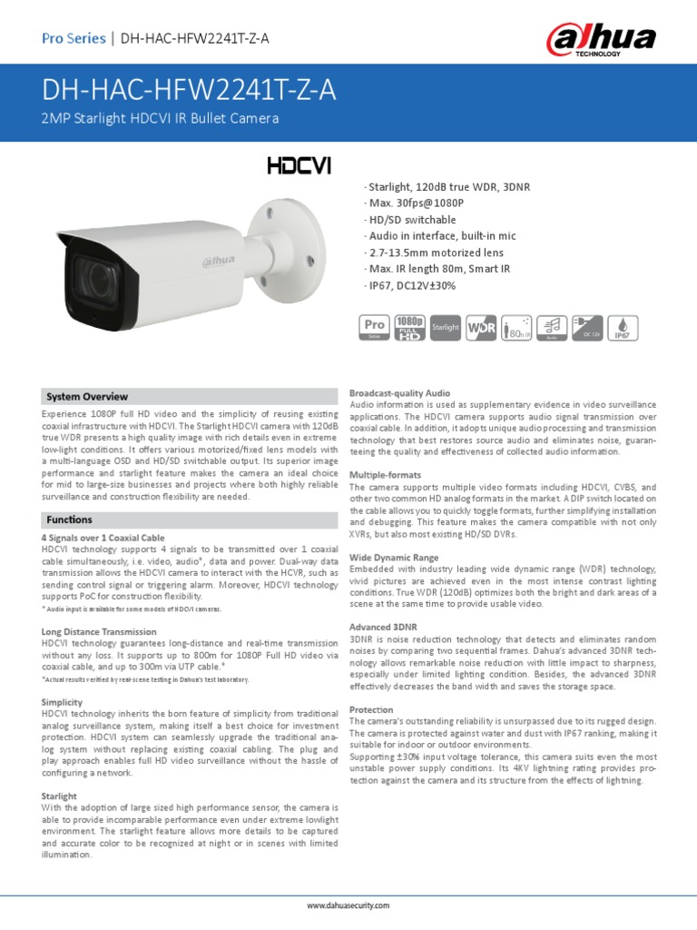 DH Hac Hfw2241t Z A Datasheet 20180625 | PDF | Camera Lens | Video