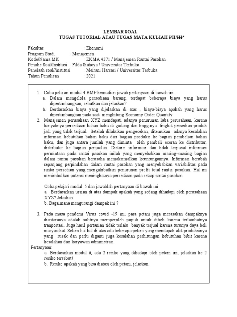 EKMA4371 Manajemen Rantai Pasokan Tugas 2 | PDF