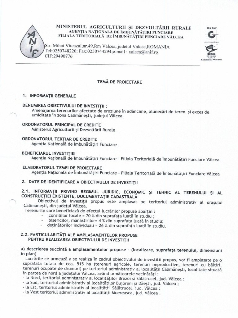 Lot 2 TEMA DE PROIECTARE CALIMANESTI | PDF