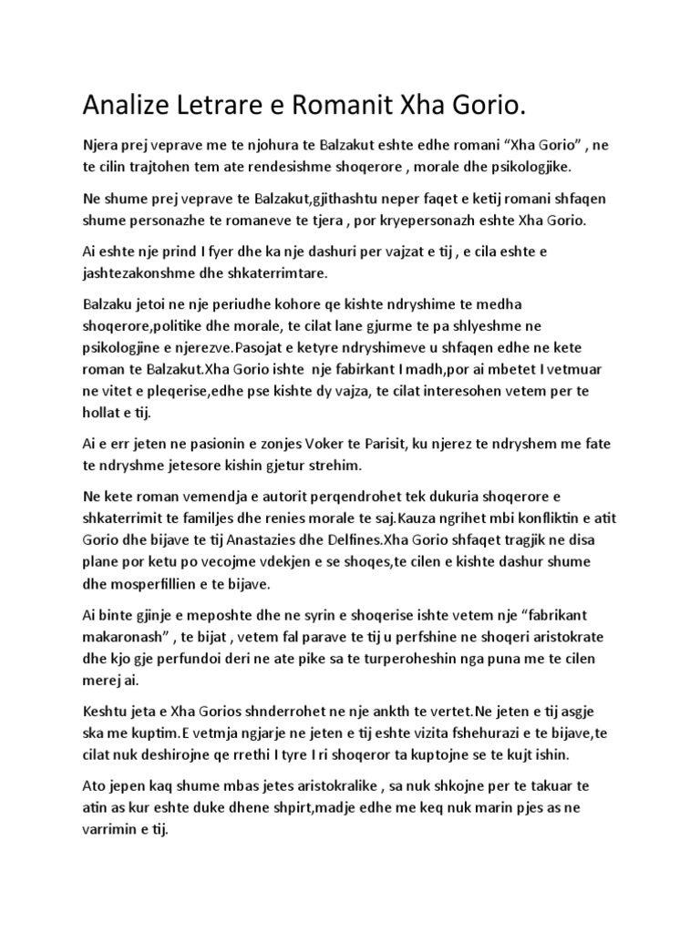 Analize Letrare e Romanit Xha Gorio | PDF