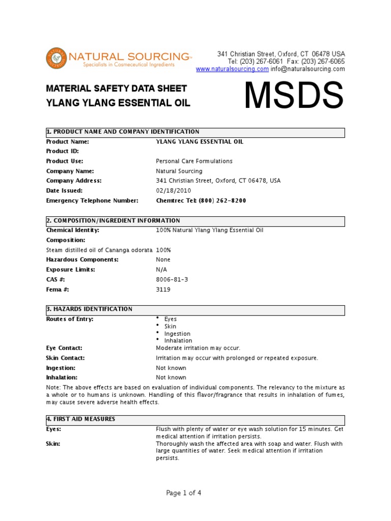 Ylang Ylang Essential Oil MSDS Guide | PDF | Firefighting | Combustion