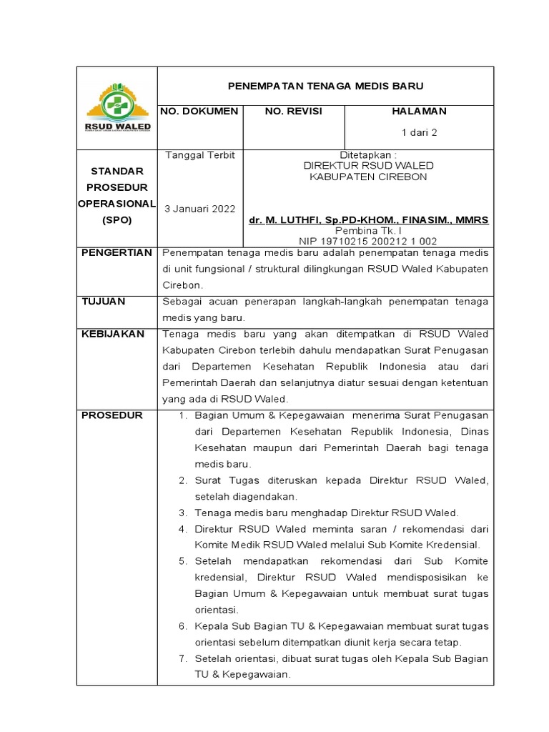 Sop Penempatan Tenaga Medis Baru | PDF