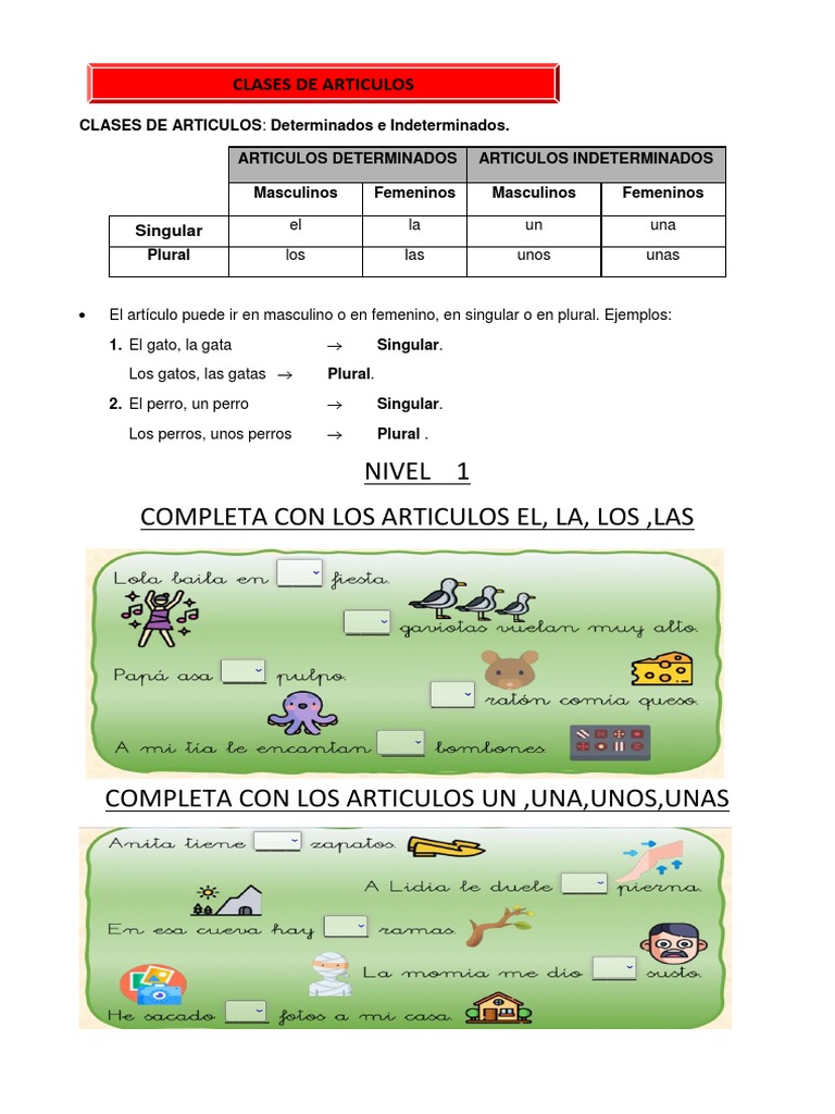Practica de Refuerzo Clases de Articulos | PDF | Tipología Lingüística ...