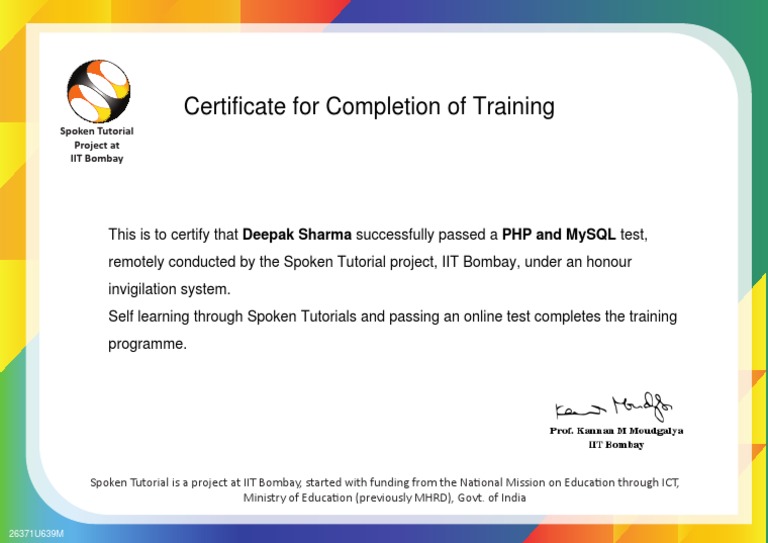 Deepak Sharma PHP and MySQL Participant Test Certificate | PDF