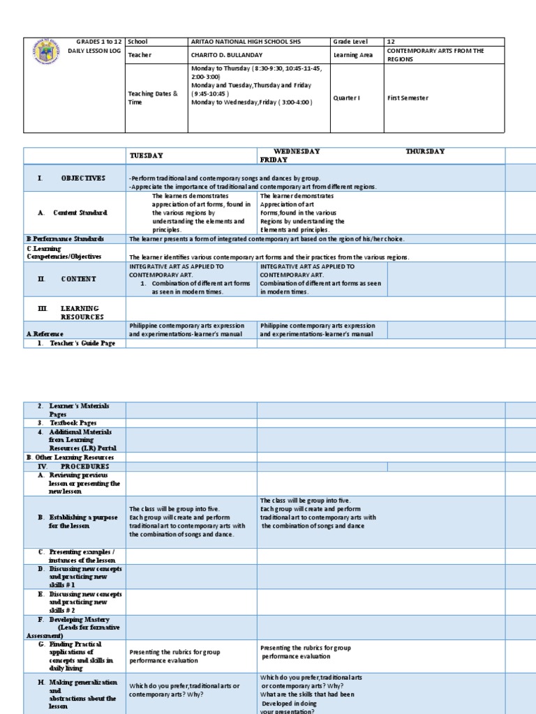 DLL in CONTEMPORARY ART GRADE 11 | PDF | Learning | Evaluation