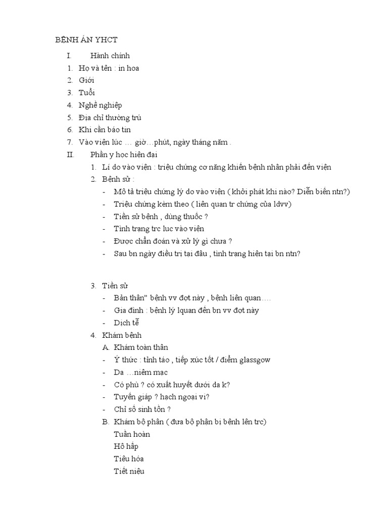 Bệnh Án Yhct (Mẫu) | PDF