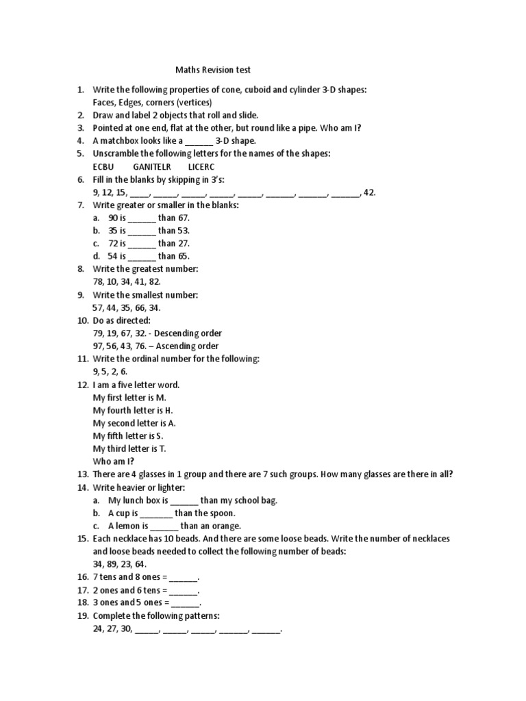 Maths Revision Test STD 2 | PDF