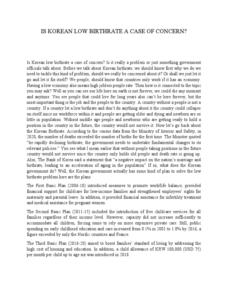 IS KOREAN LOW BIRTHRATE A CASE OF CONCERN Esaay | PDF | Child Care ...