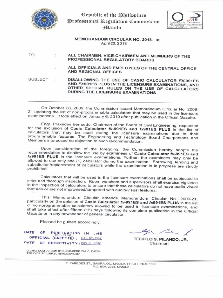 MC#2018-01 Disallowing The Use of Casio Calculator Fx-991es and Fx ...