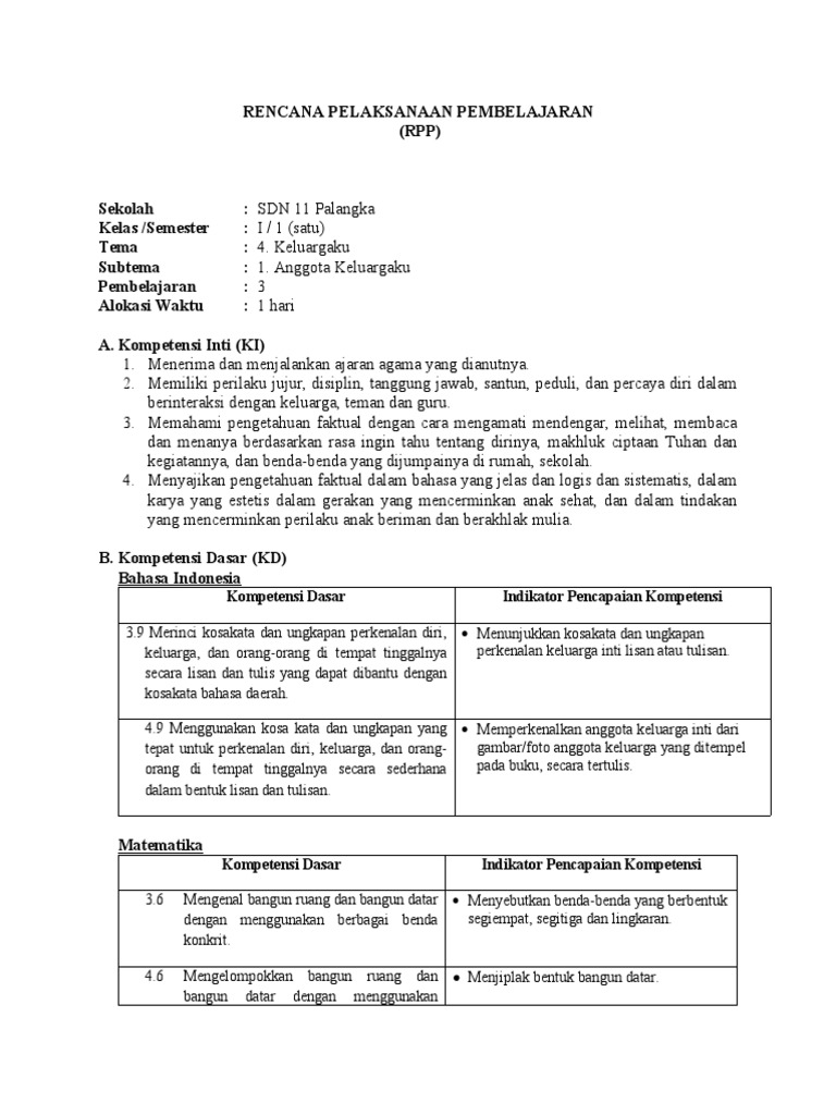 RPP Kelas 1: Tema Keluargaku | PDF | Karier & Perkembangan
