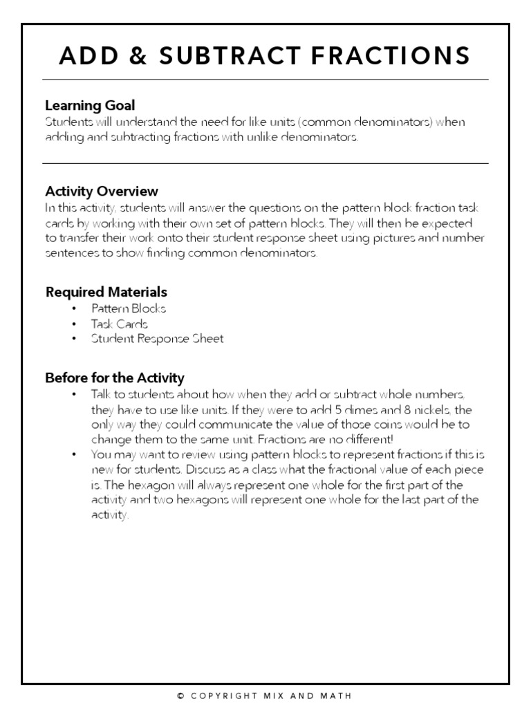 Add and Subtract Fractions With Unlike Denominators 7 + | PDF ...
