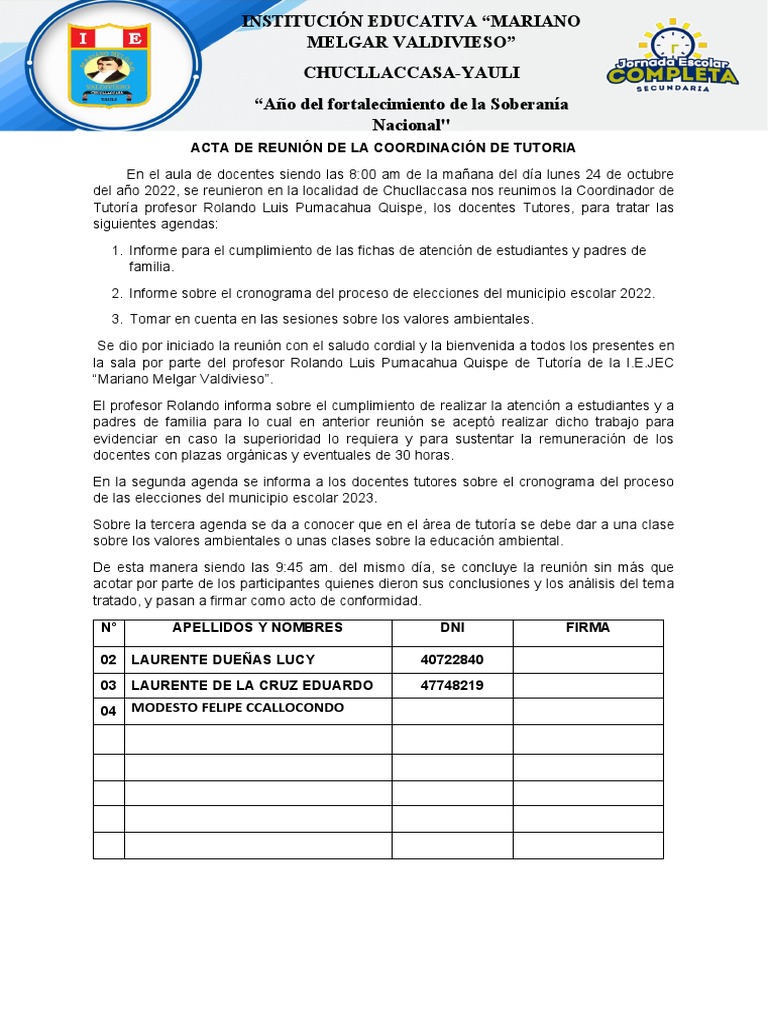Acta de Reunion Colegiada 2022 Tutoria Del 24 de Octubre | PDF