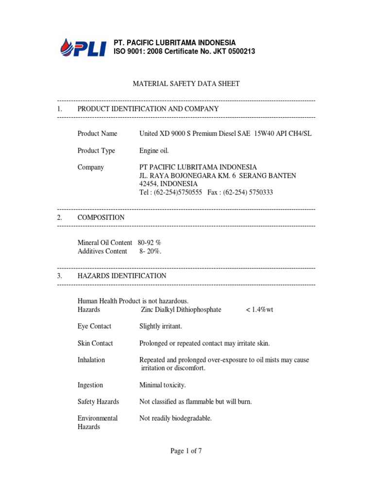 MSDS XD 9000 S Sae 15W40 Api CH4 - SL - 230913 | PDF | Water | Personal ...