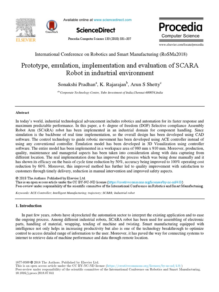 Prototype, Emulation, Implementation and Evaluation of SCARA Robot in Industrial Environment ...