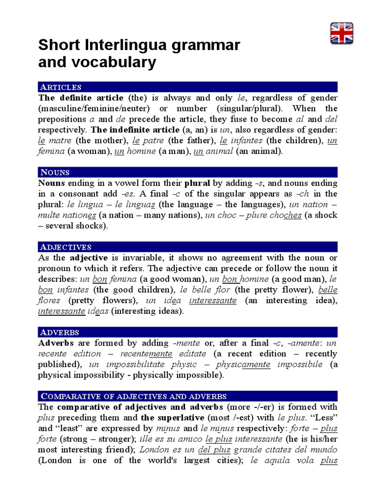 Short Interlingua Grammar and Vocabulary | PDF | Grammatical Gender | Verb