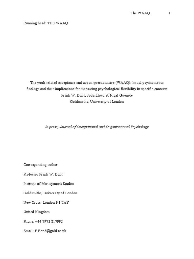 Assessing Psychological Flexibility in the Workplace: The Development and Initial Validation of ...