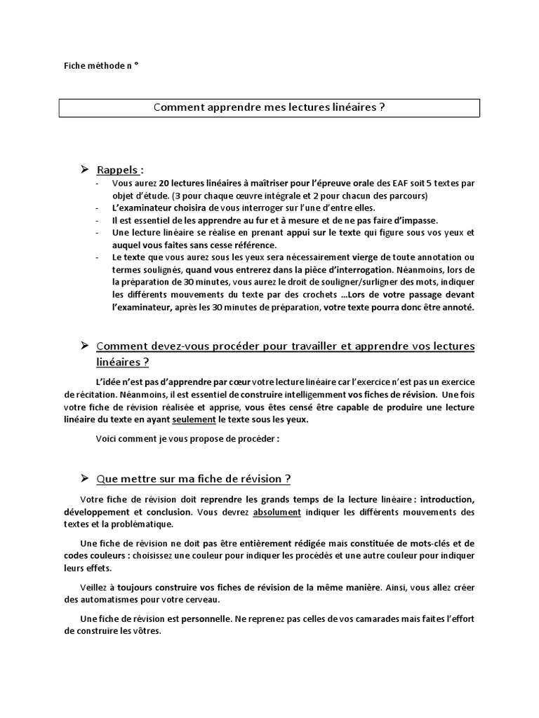 Fiche de révision pour lectures linéaires | PDF