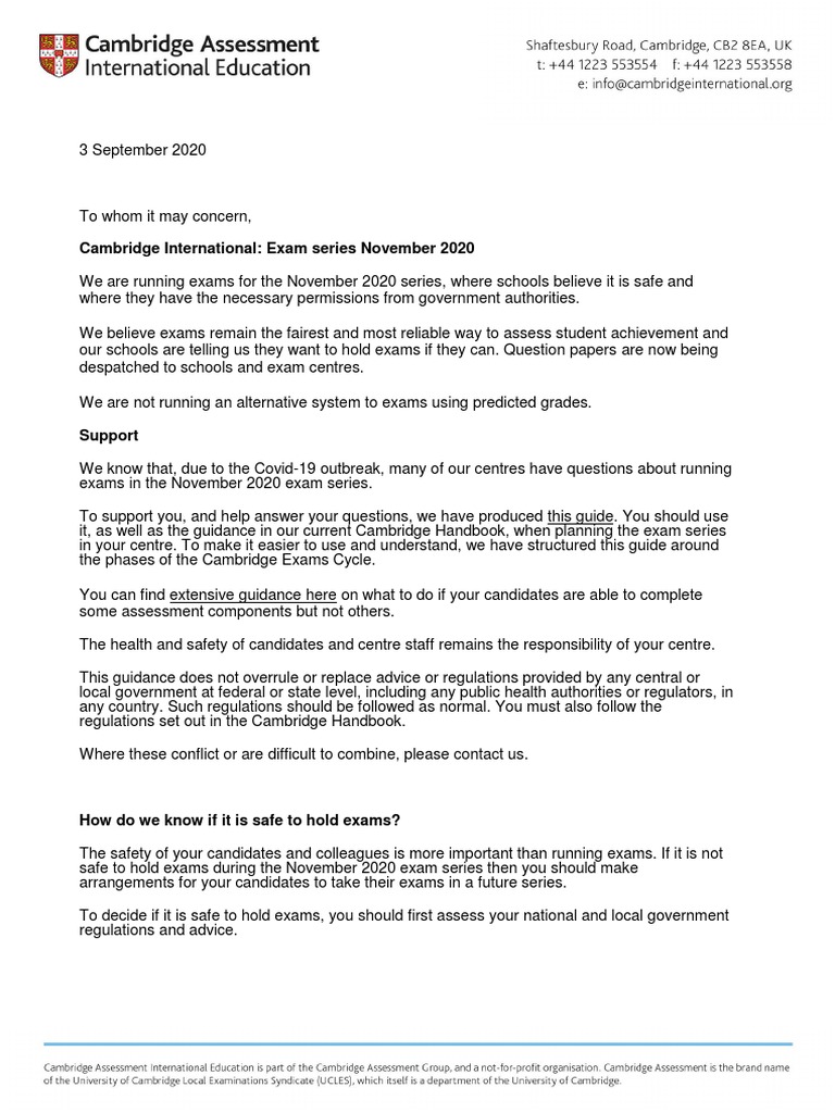 Letter For Schools Exam Series November 2020 | PDF | Test (Assessment ...