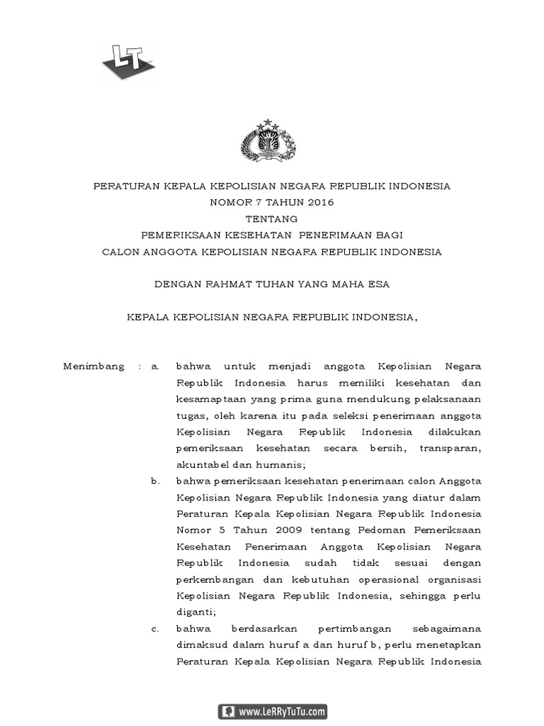 Perkap Nomor 7 Tahun 2016 Tentang Pemeriksaan Kesehatan Anggota Polri | PDF
