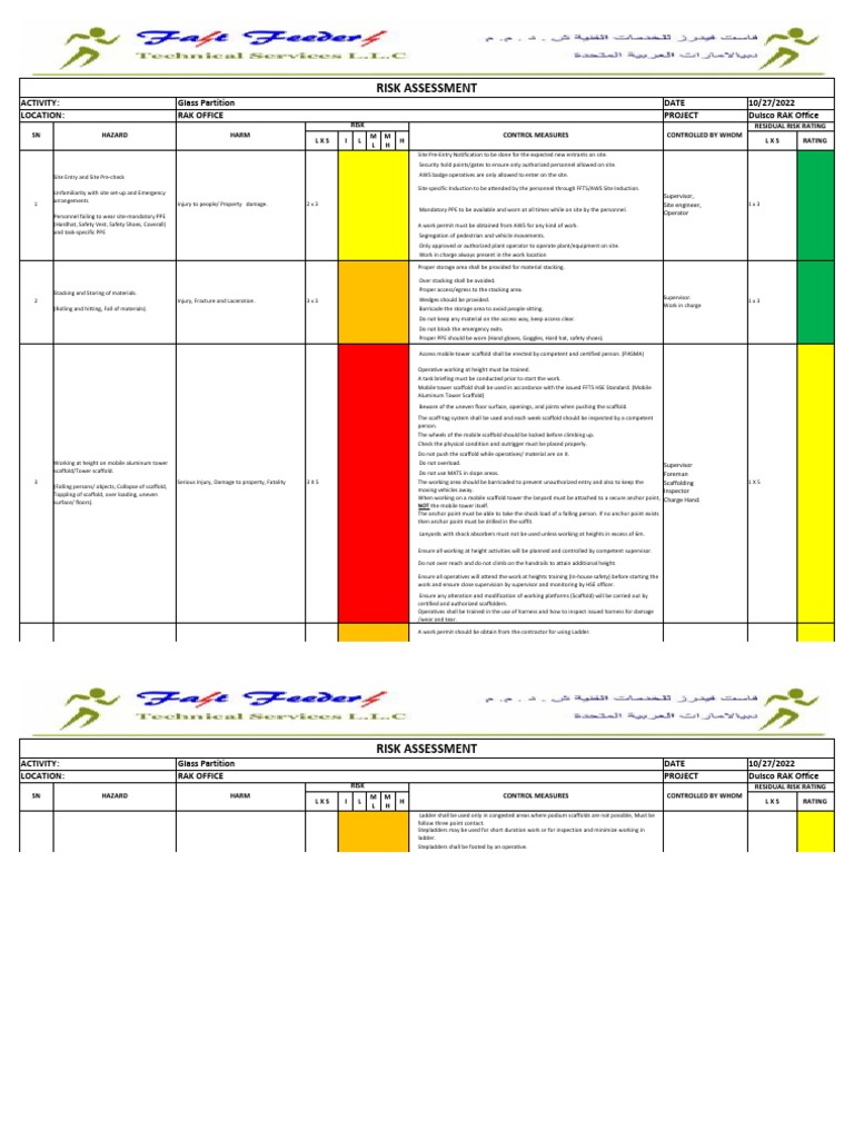 SCP109 - Risk Assessment For Glass Partition Edited | PDF | Ladder ...