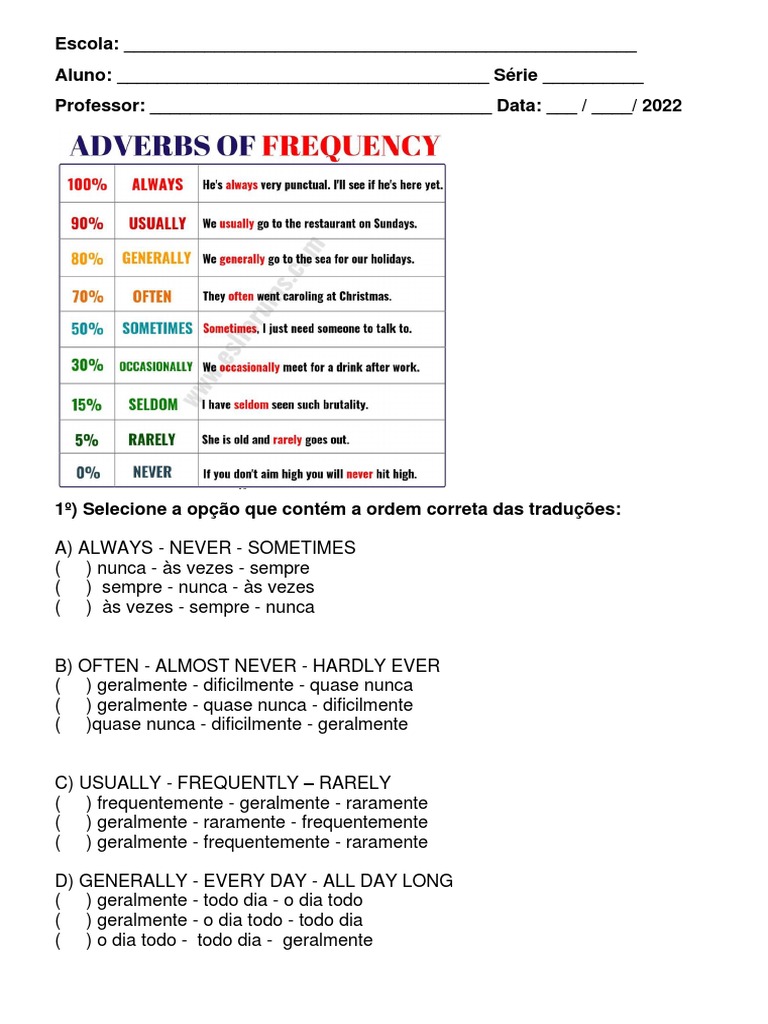 Atividade Com Adverbs Frequency | PDF