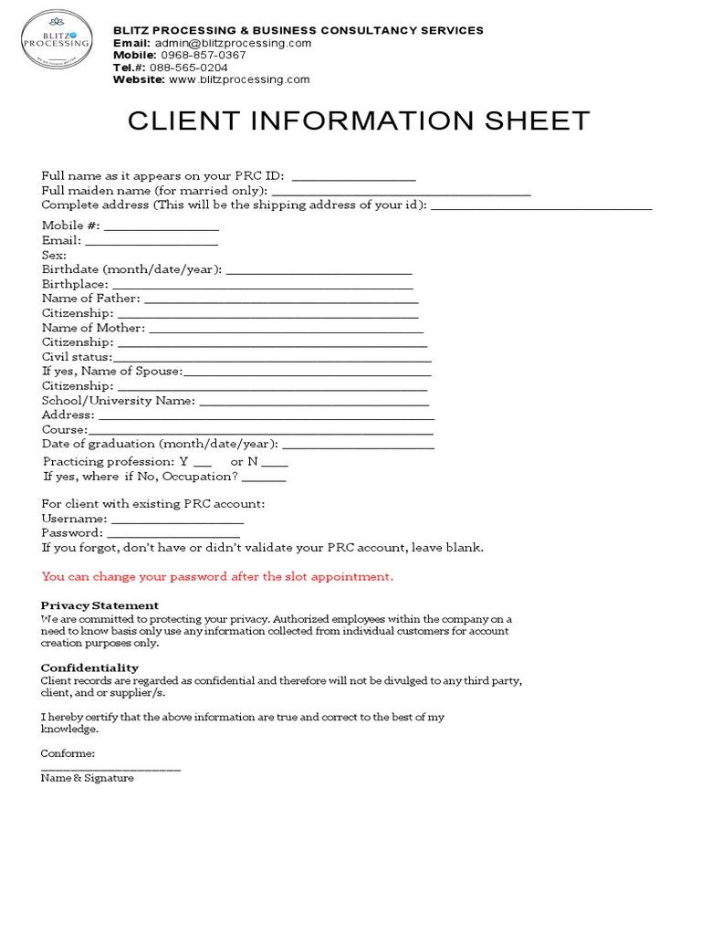 Client Information Sheet | PDF