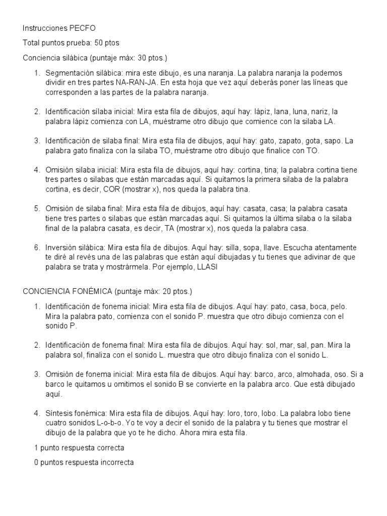 Instrucciones para la Prueba PECFO | PDF | Sílaba