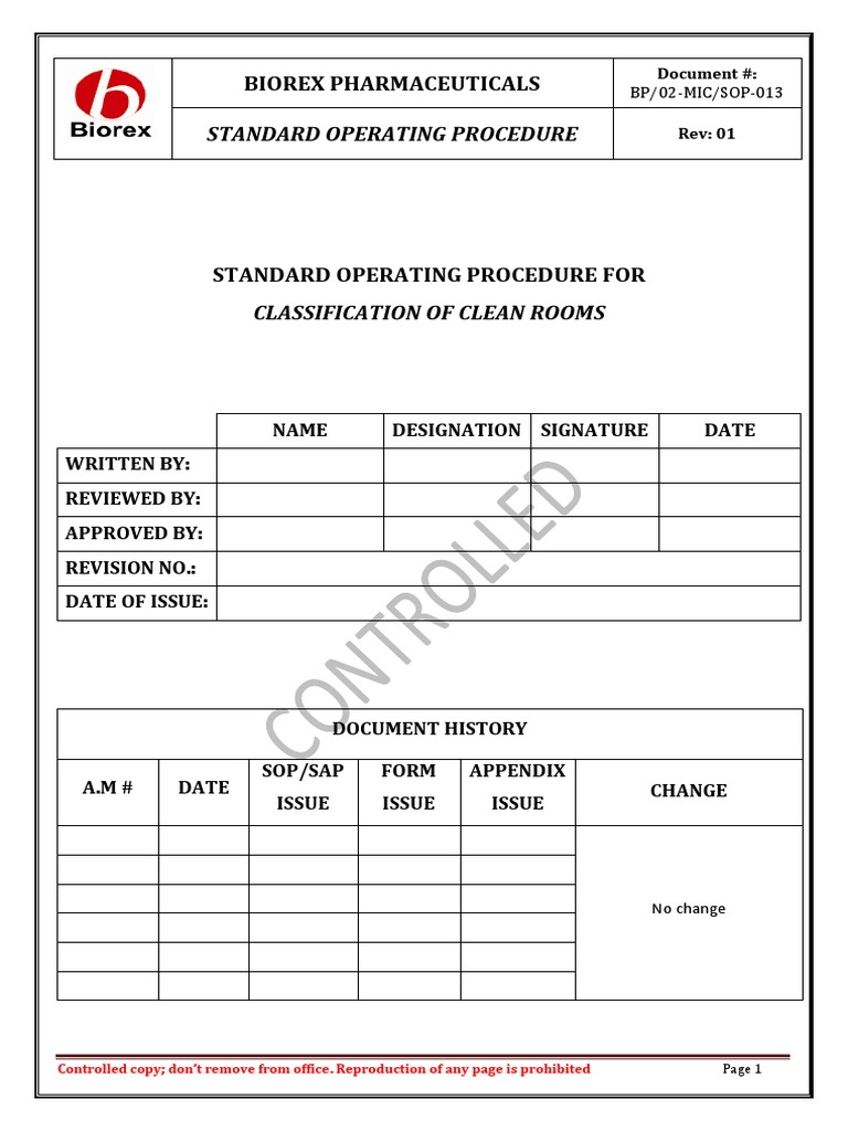 13 SOP Classification of Clean Rooms | PDF | Particulates | Chemistry
