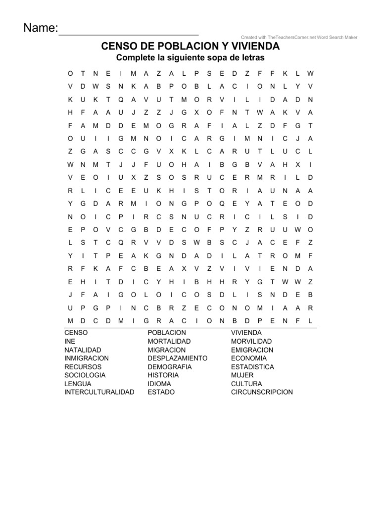 Sopa de letras: Censo y población | PDF | Ciencias sociales ambientales ...