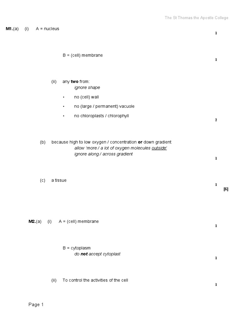 b1 Cell Structure and Transport Mark Scheme | PDF | Osmosis | Cell ...