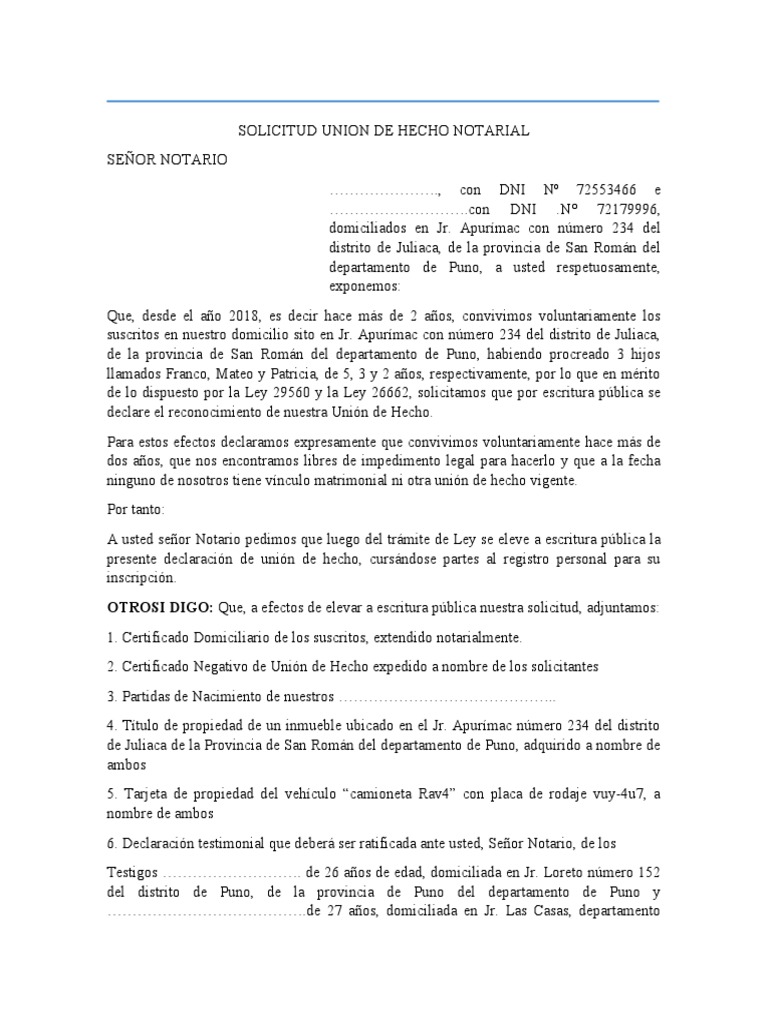 Solicitud de Unión de Hecho. | PDF | Asociación doméstica | Derecho Civil (Common Law)
