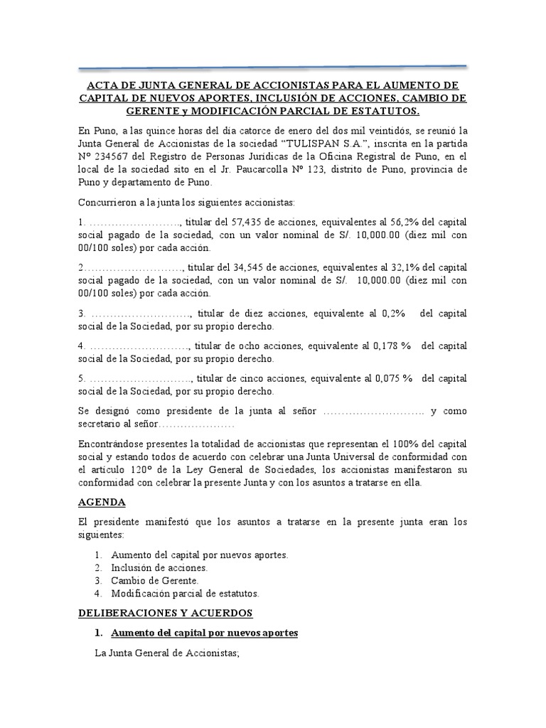 Acta de Junta General de Accionistas. | PDF | Compartir (Finanzas) Acta de Junta General de Accionistas. | PDF | Compartir (Finanzas)