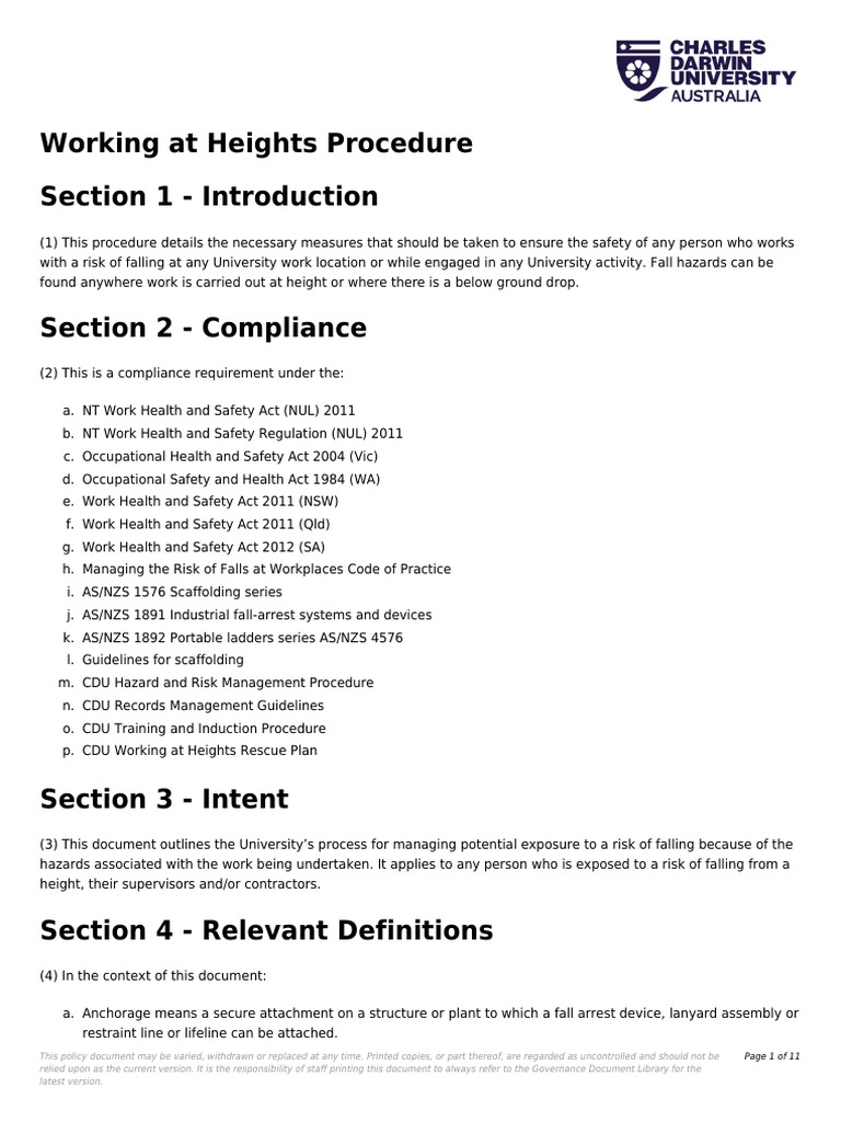 Working at Heights Procedure | PDF | Occupational Safety And Health | Risk