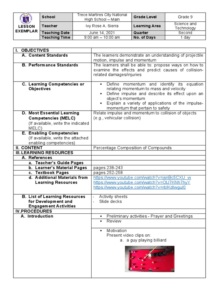 LESSON EXEMPLAR Momentum and Impulse | PDF | Momentum | Force