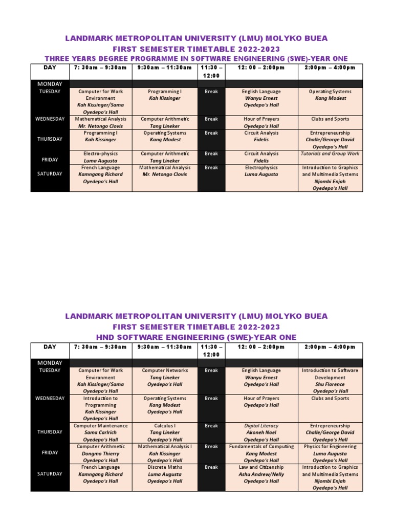 Year One Timetable 2023 | Download Free PDF | Discrete Mathematics ...