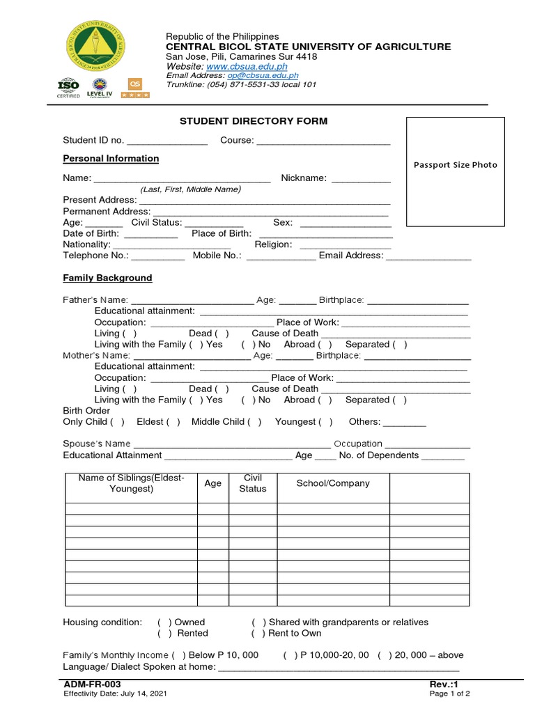 ADM-FR-003 Student Directory Form (To Be Accomplished by Qualified App) | PDF