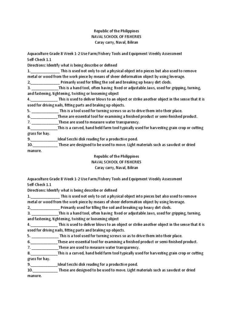 TVE Grade 8 Self Check 1.1 | PDF | Screw | Agriculture