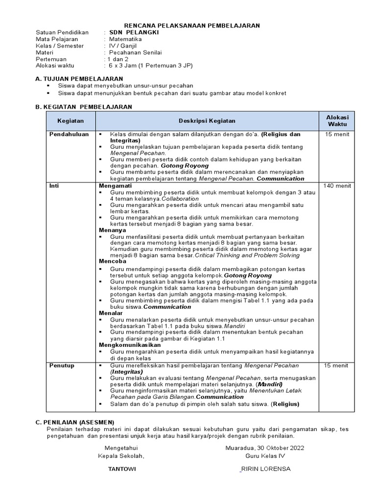 Tugas RPP 1 Lembar MTK Kelas 4 Pecahanan Senilai (1) 3 JAM | PDF | Karier & Perkembangan