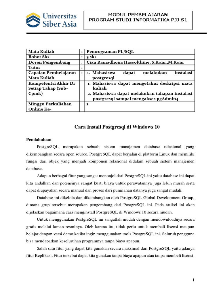 01 - Modul Pemrograman PL SQL - Pengenalan Dan Instalasi Postgresql ...