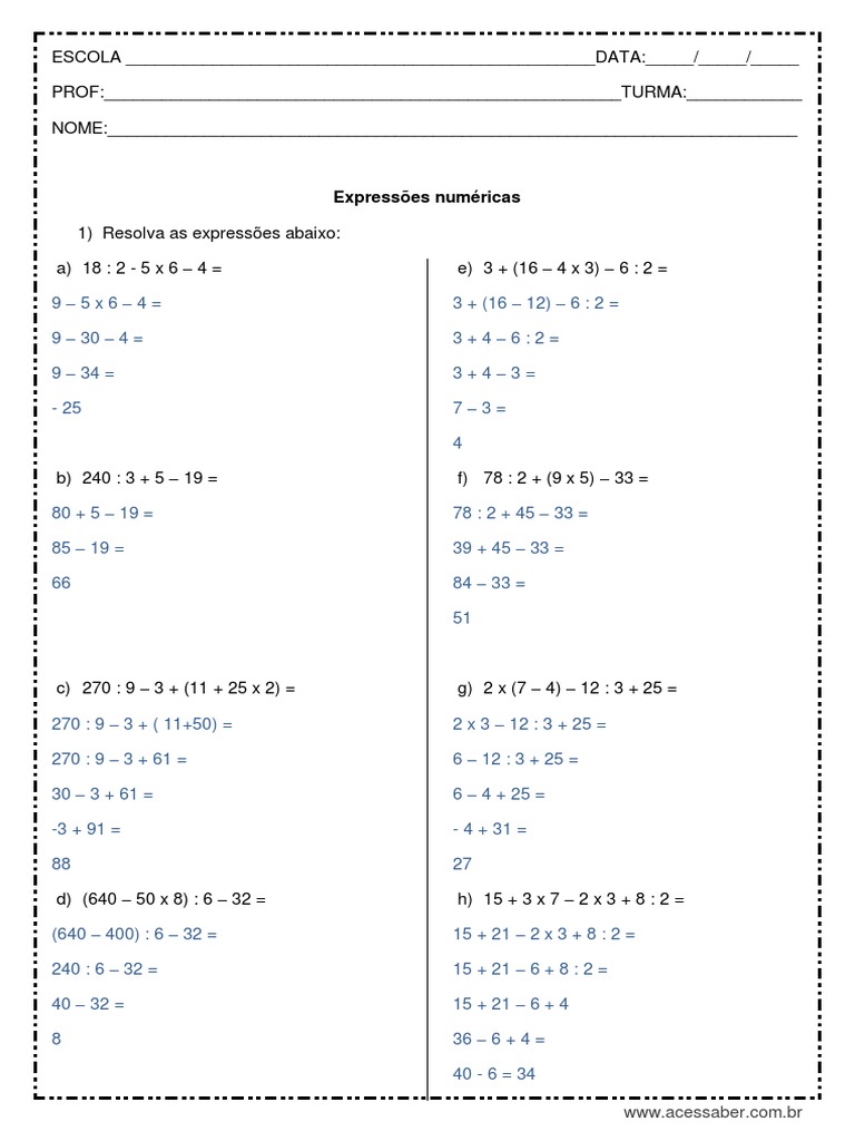 Atividade de Matematica Expressoes Numericas 5 Ano e 6 Ano Respostas | PDF