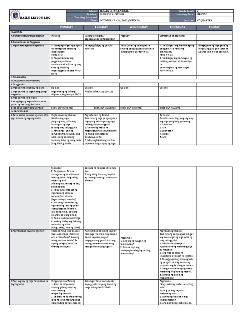 DLL - Filipino 5 - Q1 - W9 | PDF