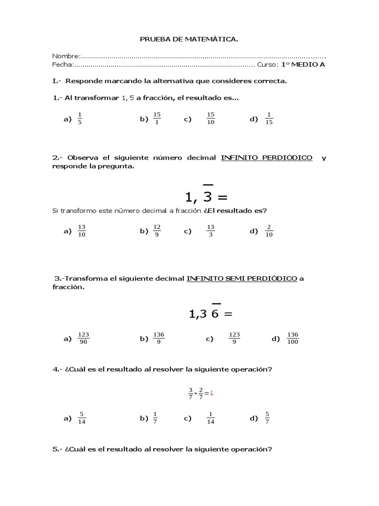 Prueba Matemática 1° Medio | PDF | Matemáticas | Objetos matemáticos