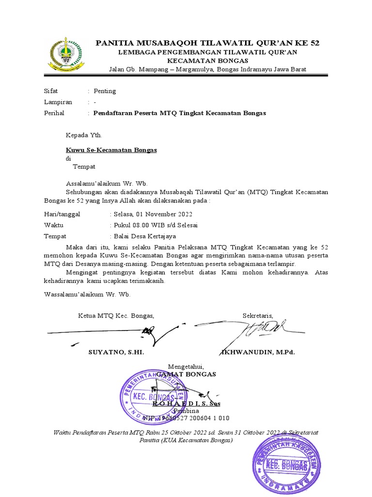 Undangan MTQ Tingkat Kecamatan Bongas | PDF