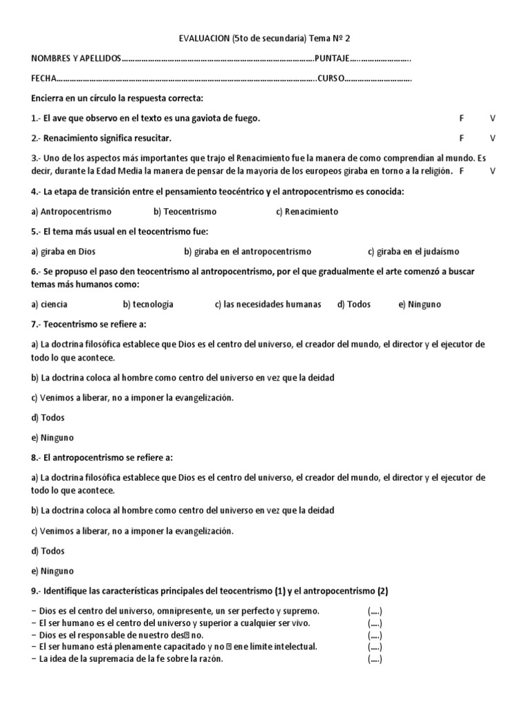 Evaluación sobre el pensamiento teocéntrico y antropocéntrico durante ...