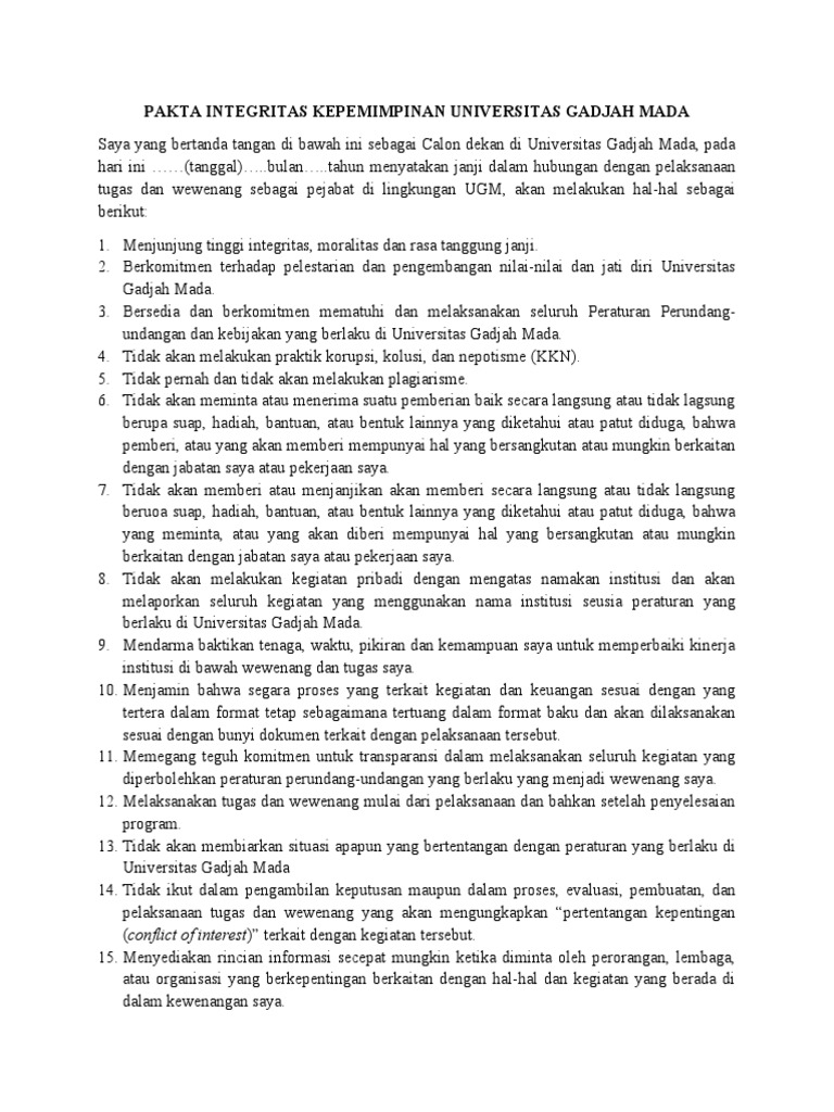 Pakta Integritas Kepemimpinan Universitas Gadjah Mada | PDF