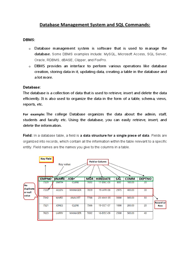 Database Management System and SQL Commands | PDF | Databases | Sql Database Management System and SQL Commands | PDF | Databases | Sql