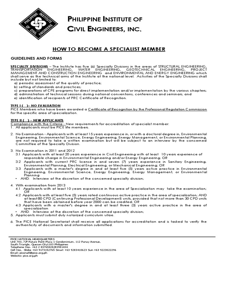 PICE Specialist Membership Guidelines | PDF | Engineering | Civil ...