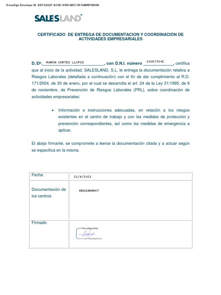 Certificado de Entrega de Documentacion Y Coordinación de Actividades Empresariales | PDF