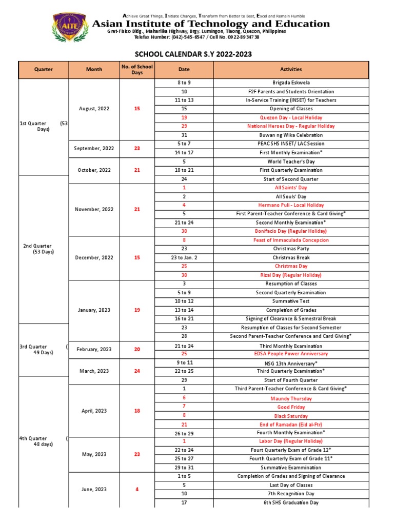 School Calendar 2022 2023 | PDF | Observances | Public Holiday